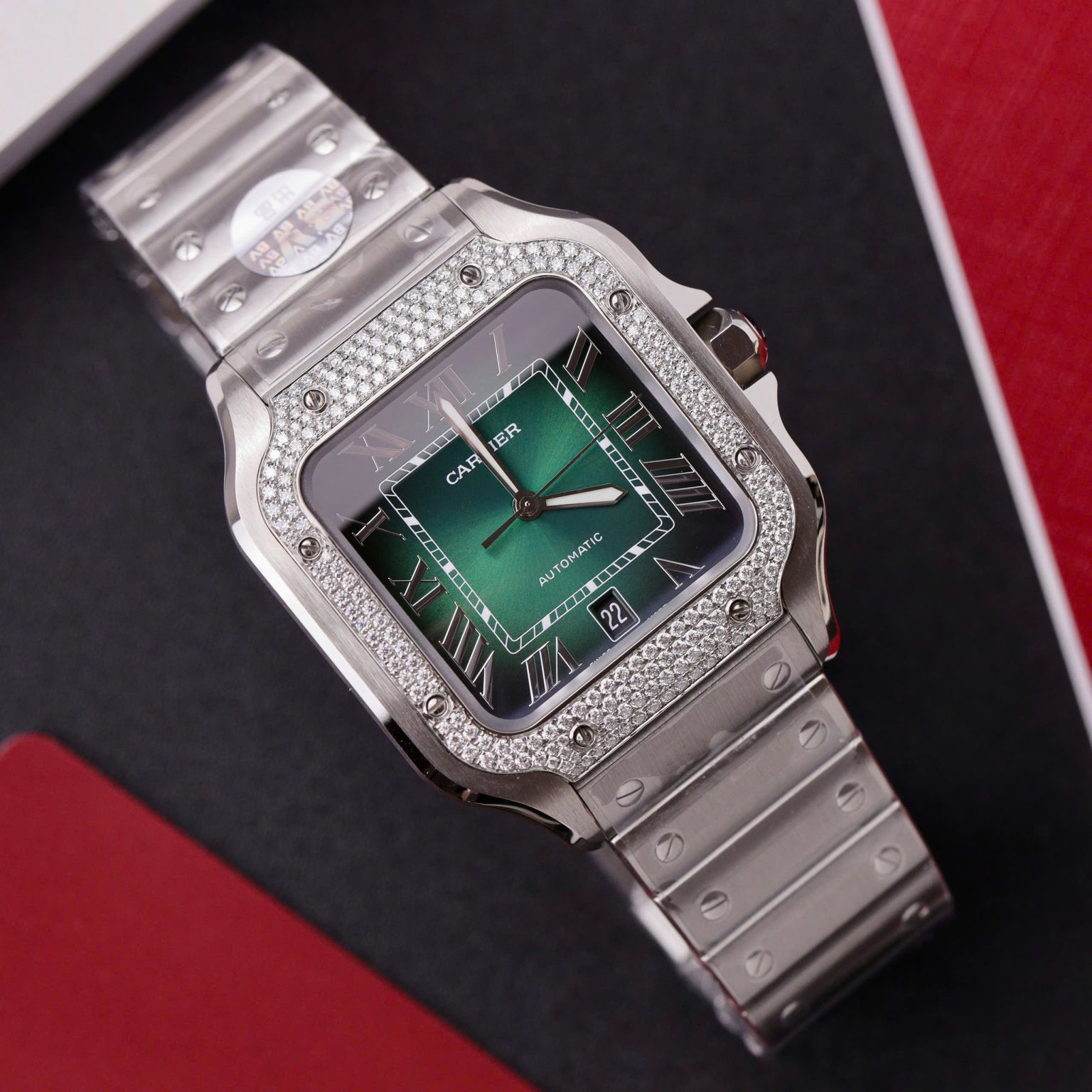 Cartier Santos Green Dial Large Model Custom Moissanite Bezel Best ...