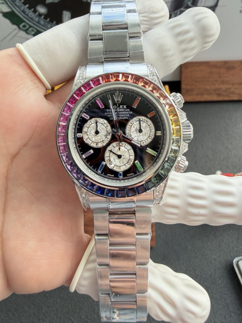 Rolex Daytona 126599RBOW Black Dial Rainbow Bezel Custom Moissanite ...
