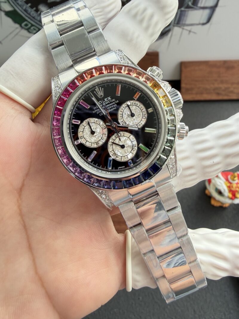 Rolex Daytona 126599RBOW Black Dial Rainbow Bezel Custom Moissanite ...