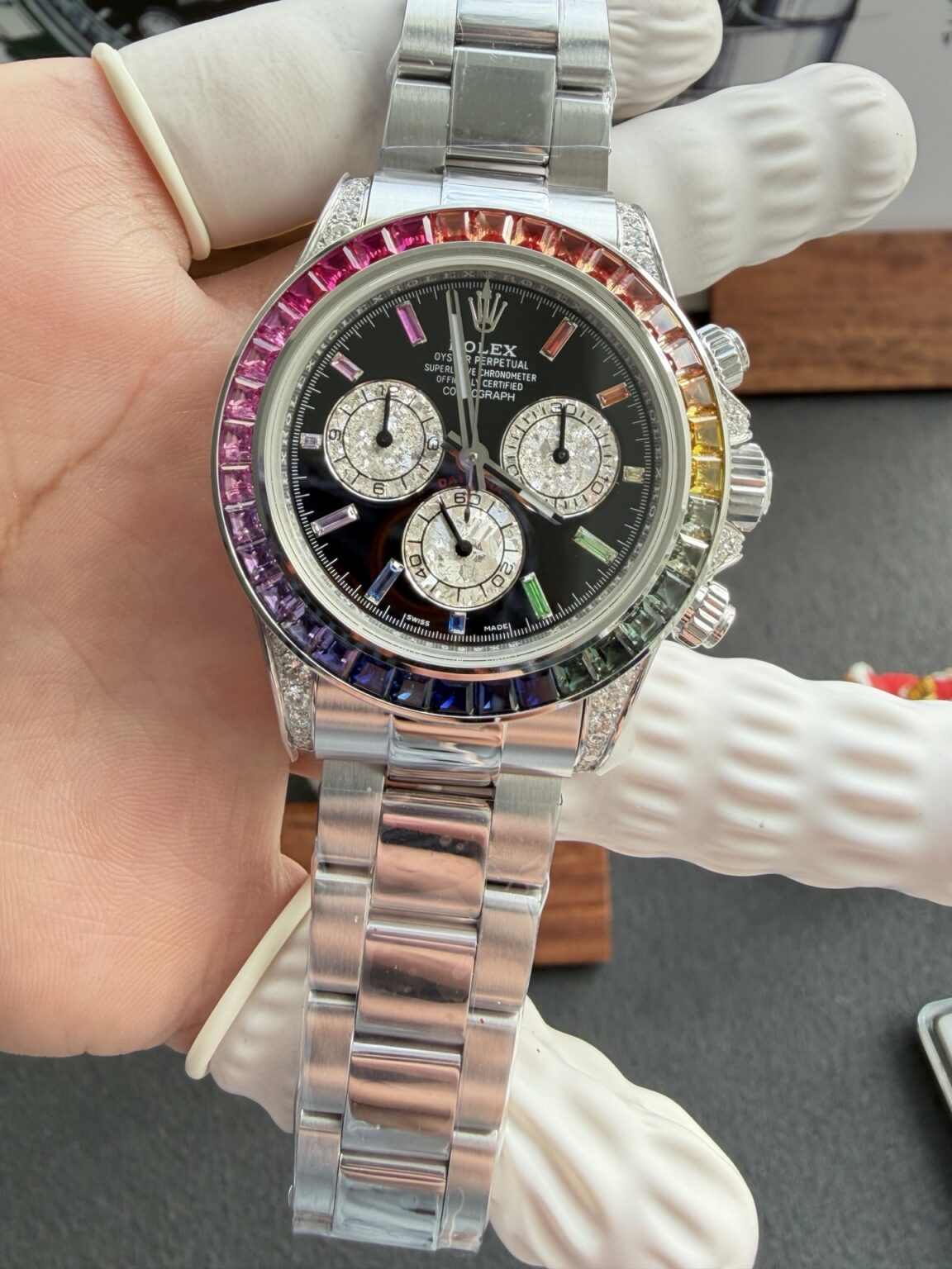 Rolex Daytona 126599RBOW Black Dial Rainbow Bezel Custom Moissanite ...