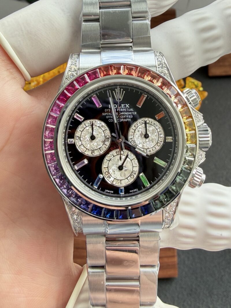 Rolex Daytona 126599RBOW Black Dial Rainbow Bezel Custom Moissanite ...