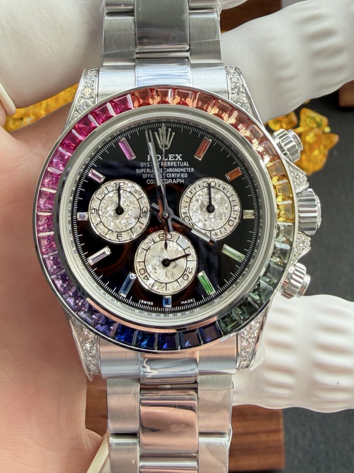 Rolex Daytona 126599RBOW Black Dial Rainbow Bezel Custom Moissanite ...