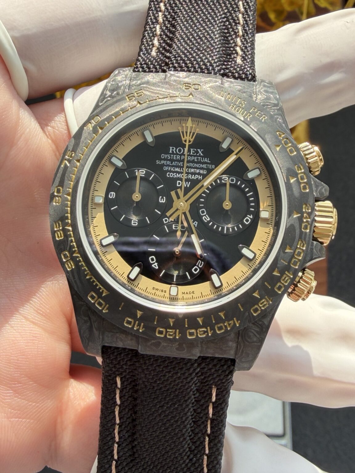 Rolex Daytona DiW Cream Invert Gold Carbon Fiber Nylon Strap 1:1 Best ...